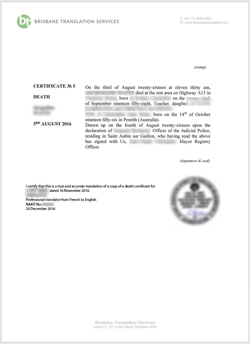 translation-death-certificate-example | Brisbane Translation Services